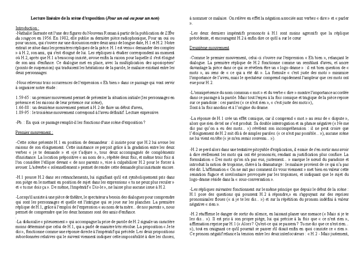 Analyse linéaire de la scène d'exposition de "Pour un oui ou pour un ...