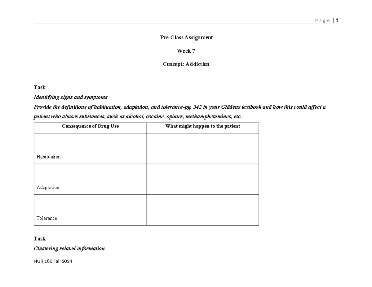 Week 7 Pre-Class Assignment: Understanding Addiction Concepts and Signs ...