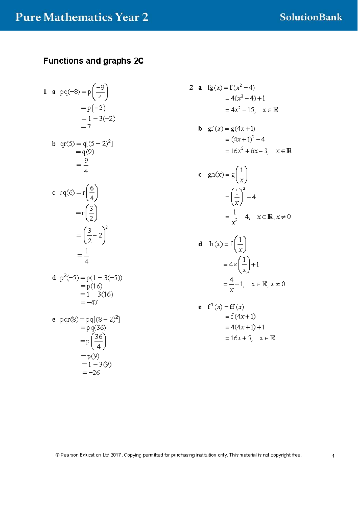 Functions and Graphs 2C: Exercises and Solutions - Studocu