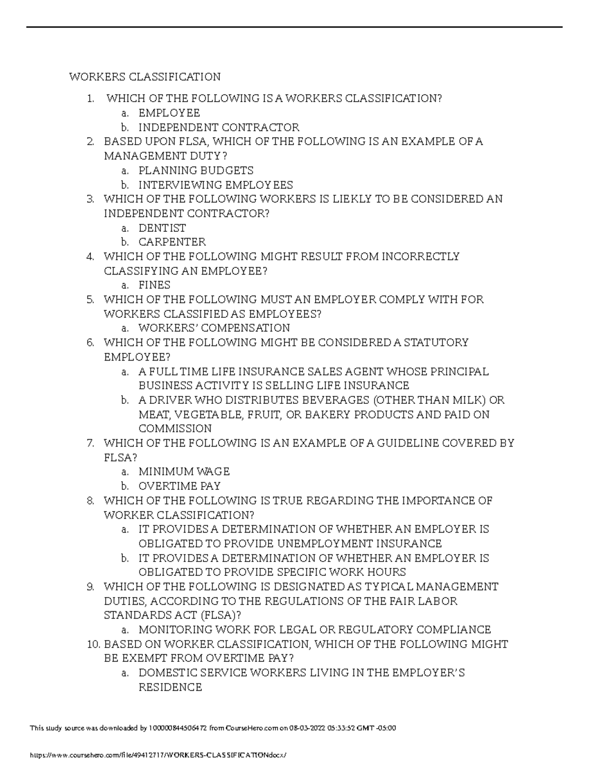 Workers Classification - WORKERS CLASSIFICATION 1. WHICH OF THE ...