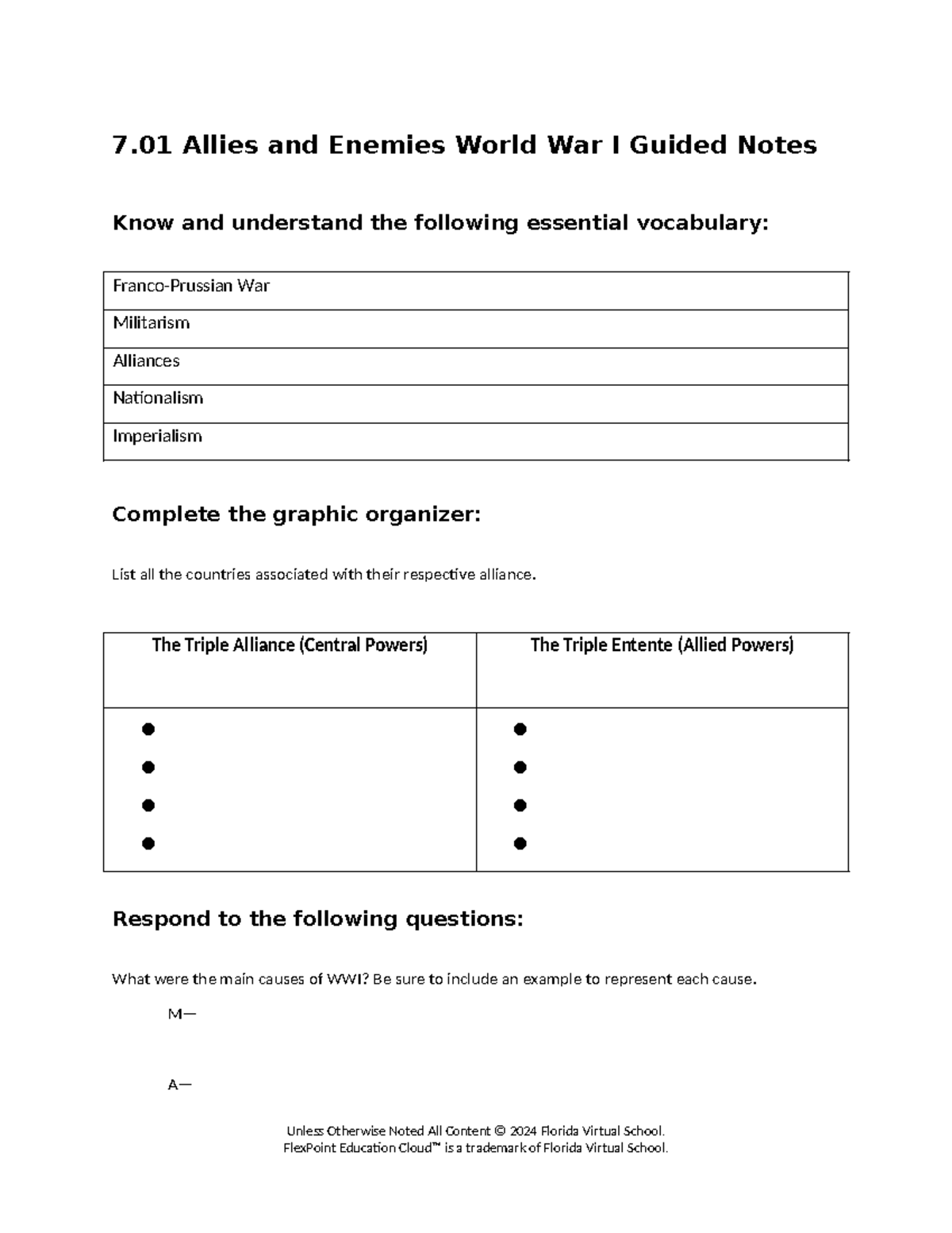World History Guided Notes: WWI, WWII, and the Holocaust (7.01-7.07 ...