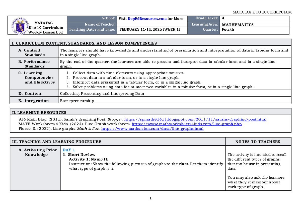 DLL Matatag MATH 4 Q4 W1 - Week 1 Lesson on Data Presentation and ...