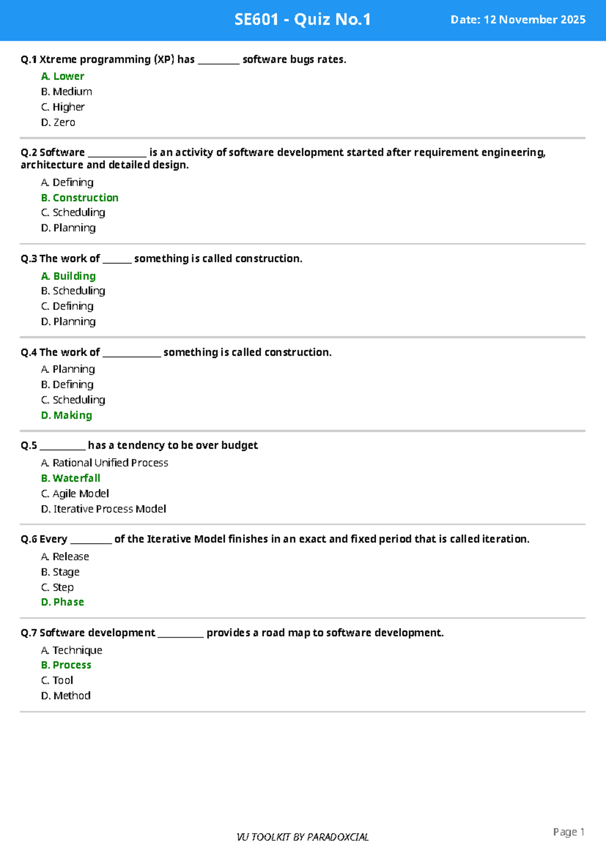 SE601 Quiz 1 - Software Development Concepts and XP - Studocu
