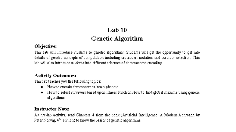 GA Lab 10: Exploring Genetic Algorithms and Their Applications - Studocu