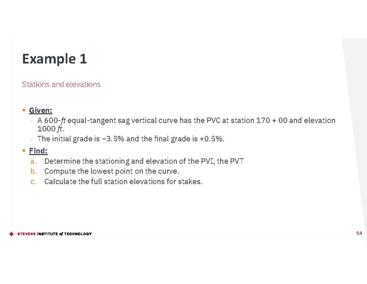Lecture 3 Example Solutions: Sag Vertical Curve Calculations - Studocu