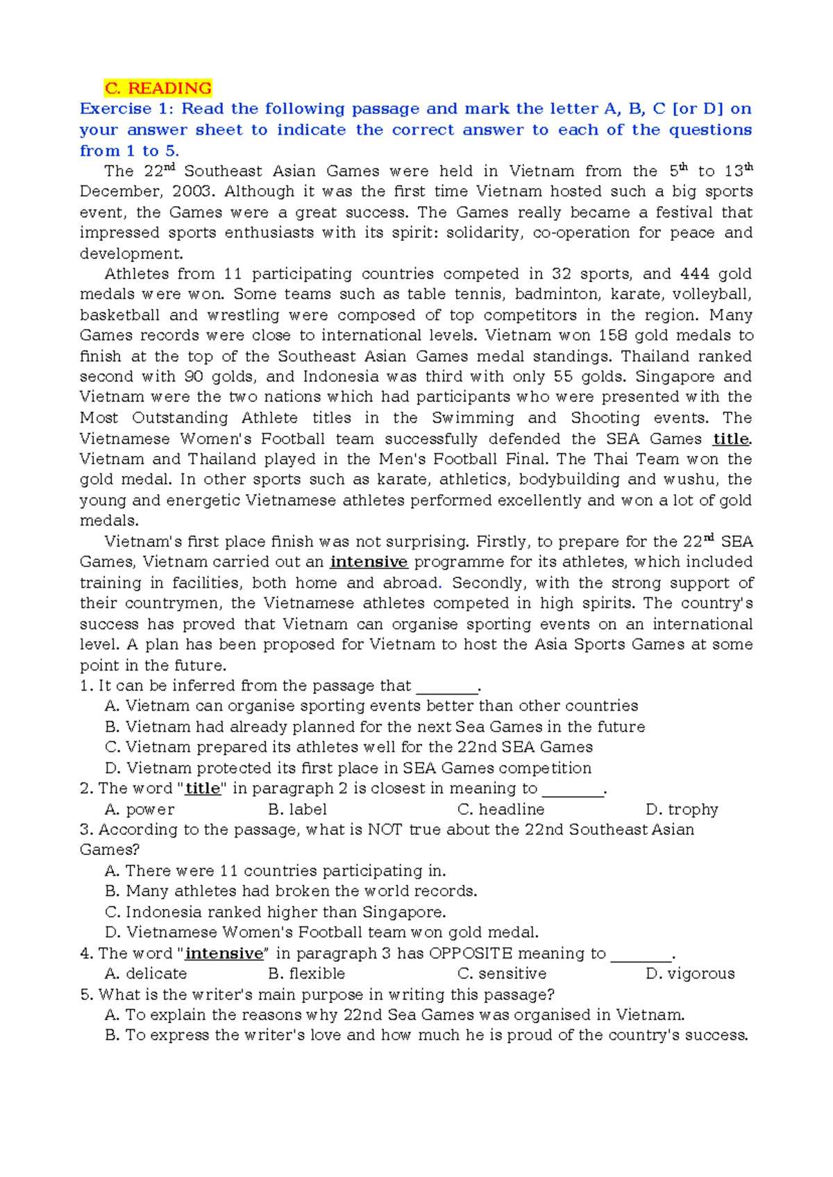 Reading Comprehension Exercises: SEA Games & ASEAN University Network ...