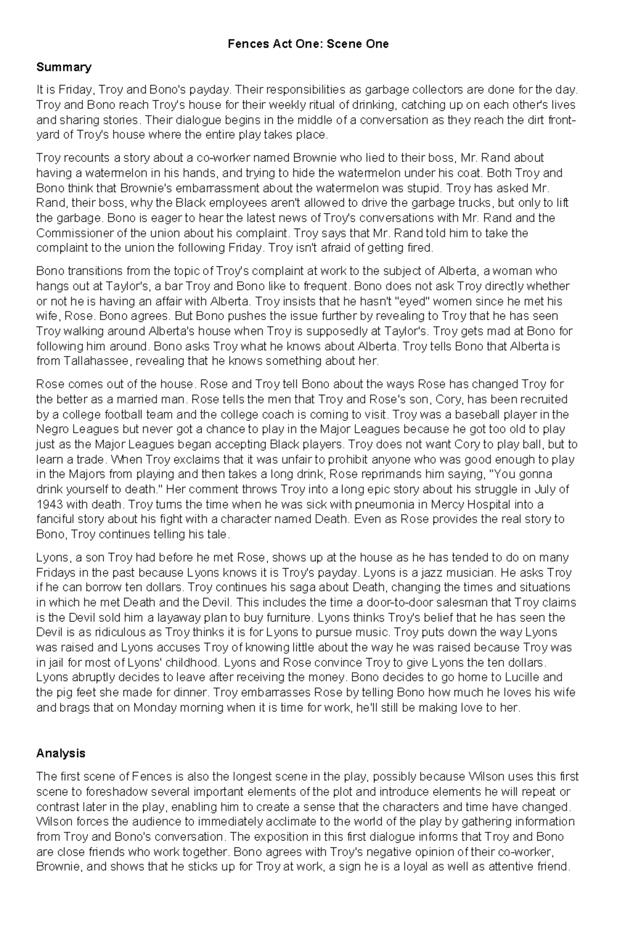 Fences Act 1 Scene 1 Summary & Analysis - Detailed Notes - Studocu