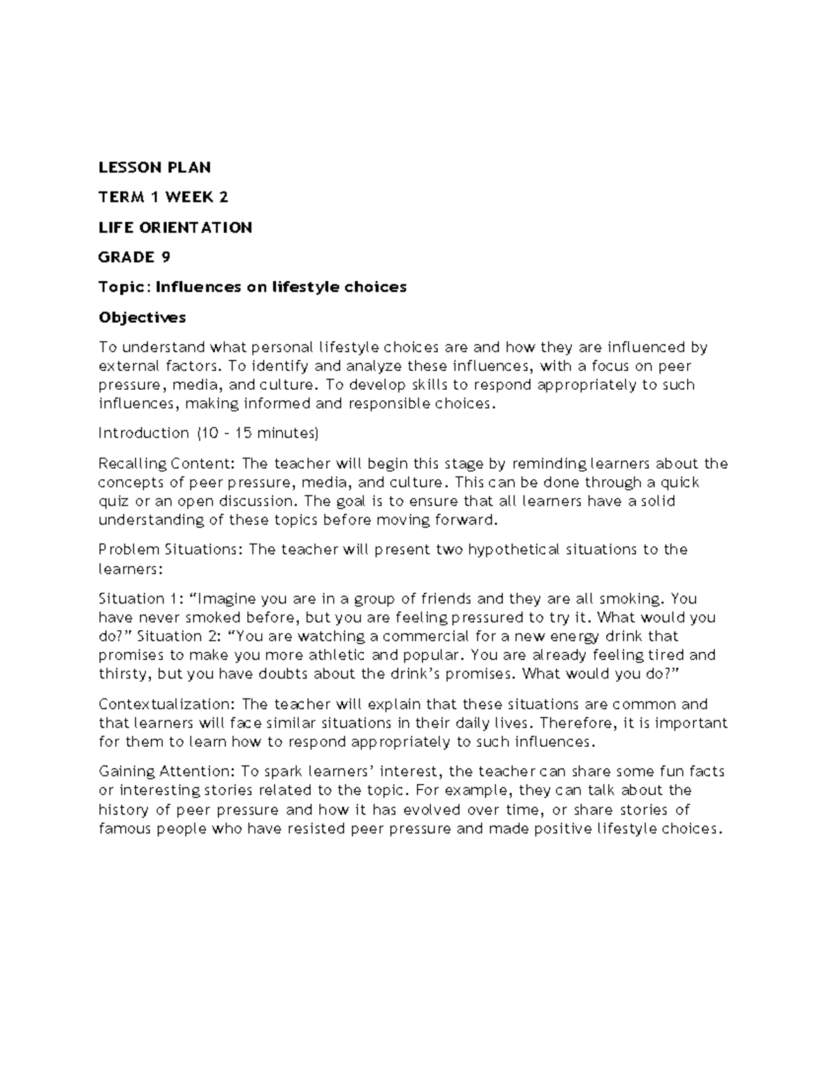 Term 1 Week 2 Lesson Plan: Life Orientation - Influences on Lifestyle ...