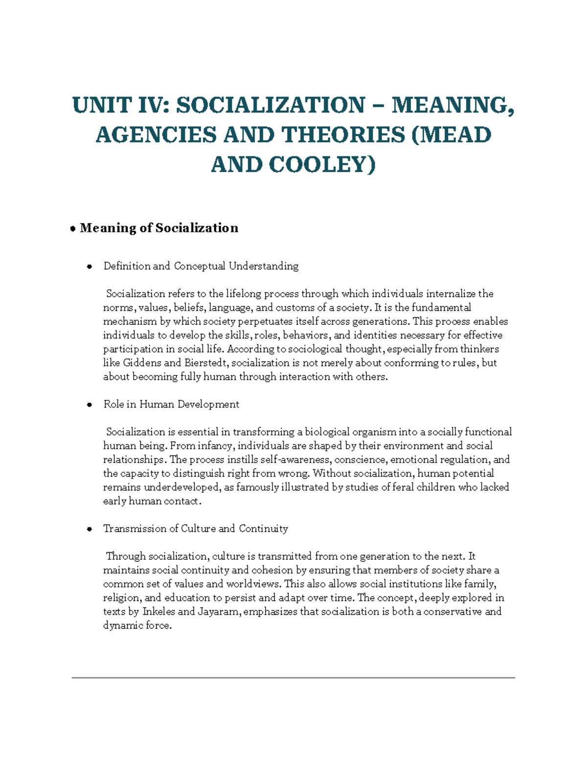 SOCIO 101: Unit IV - Socialization Theories & Agencies - Studocu