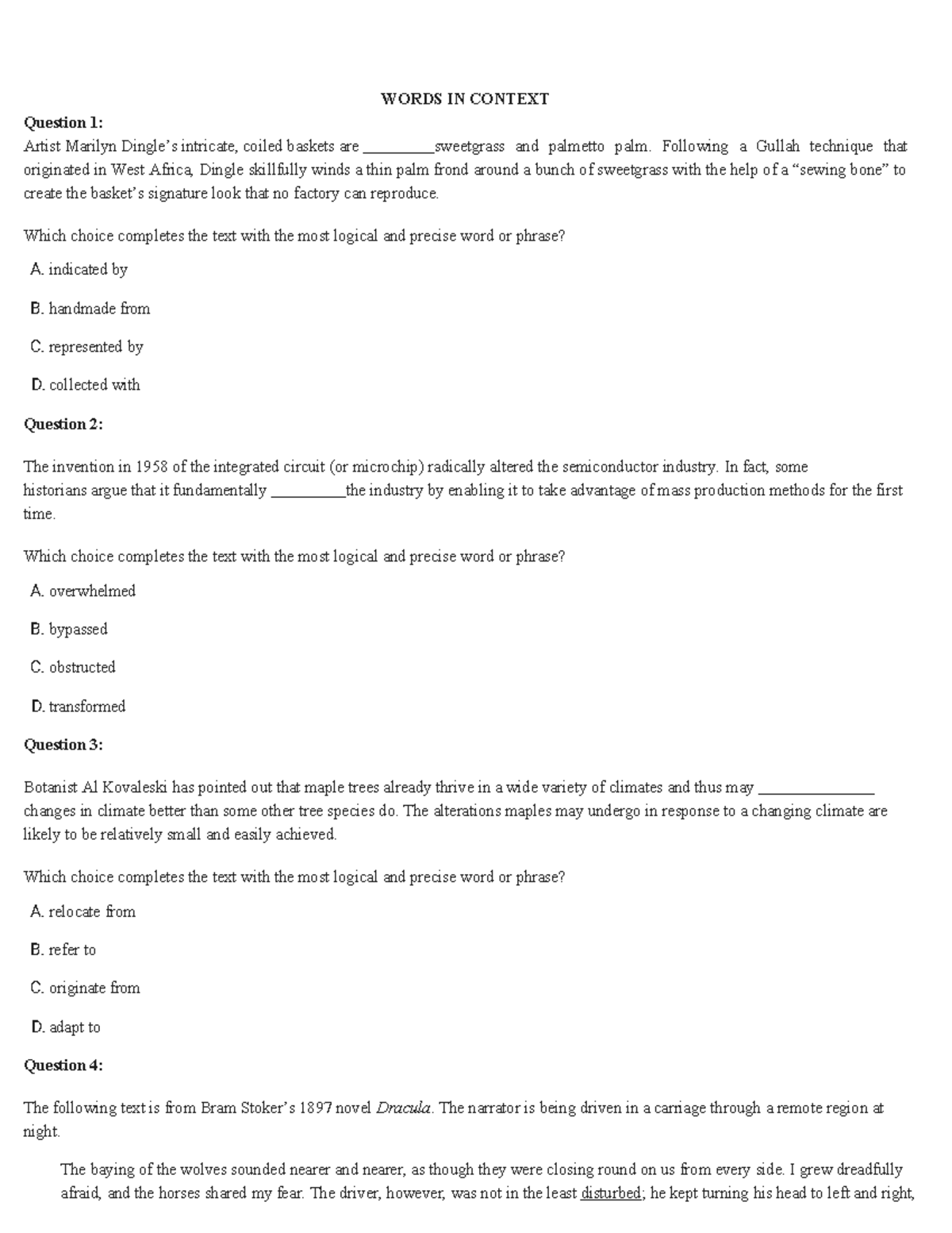 WORDS IN CONTEXT & CROSS TEXT CONNECTIONS: Exam Questions and Answers ...