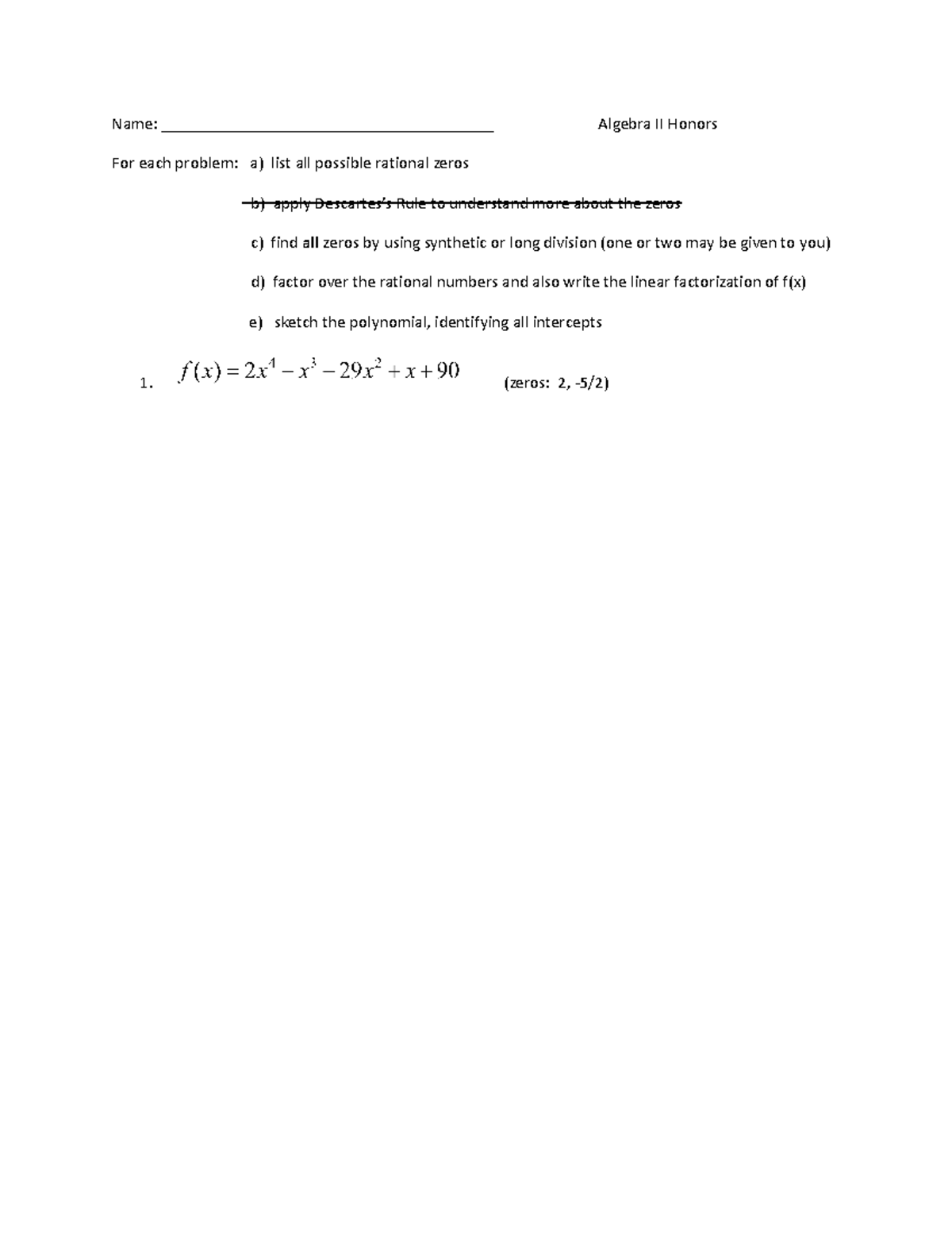 Algebra II Honors - 3.4 Practice Packet on Rational Zeros and Factors ...