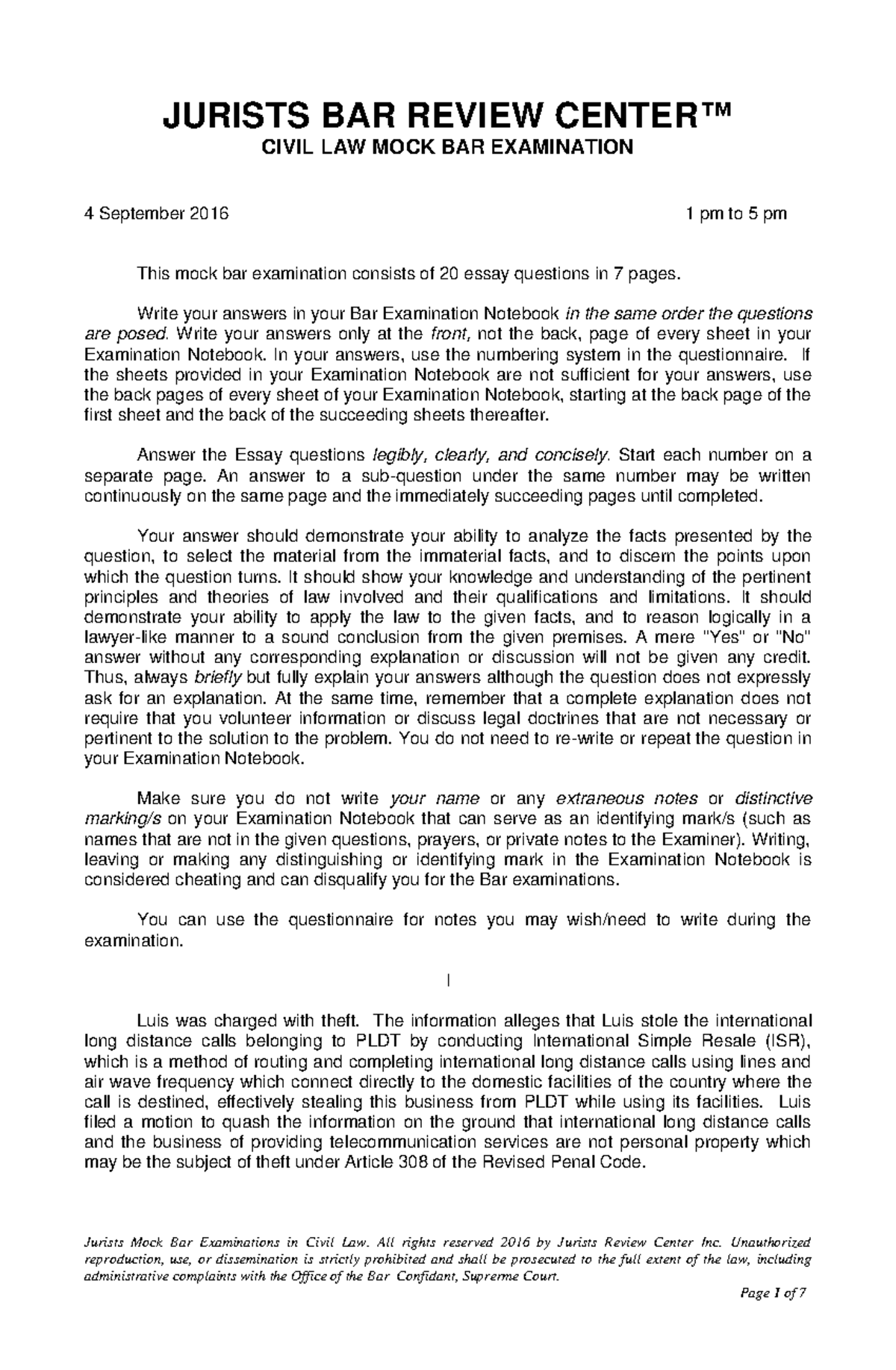 380265802 2016 Civil Law Mock Bar Exam: Essay Review Questions - Studocu