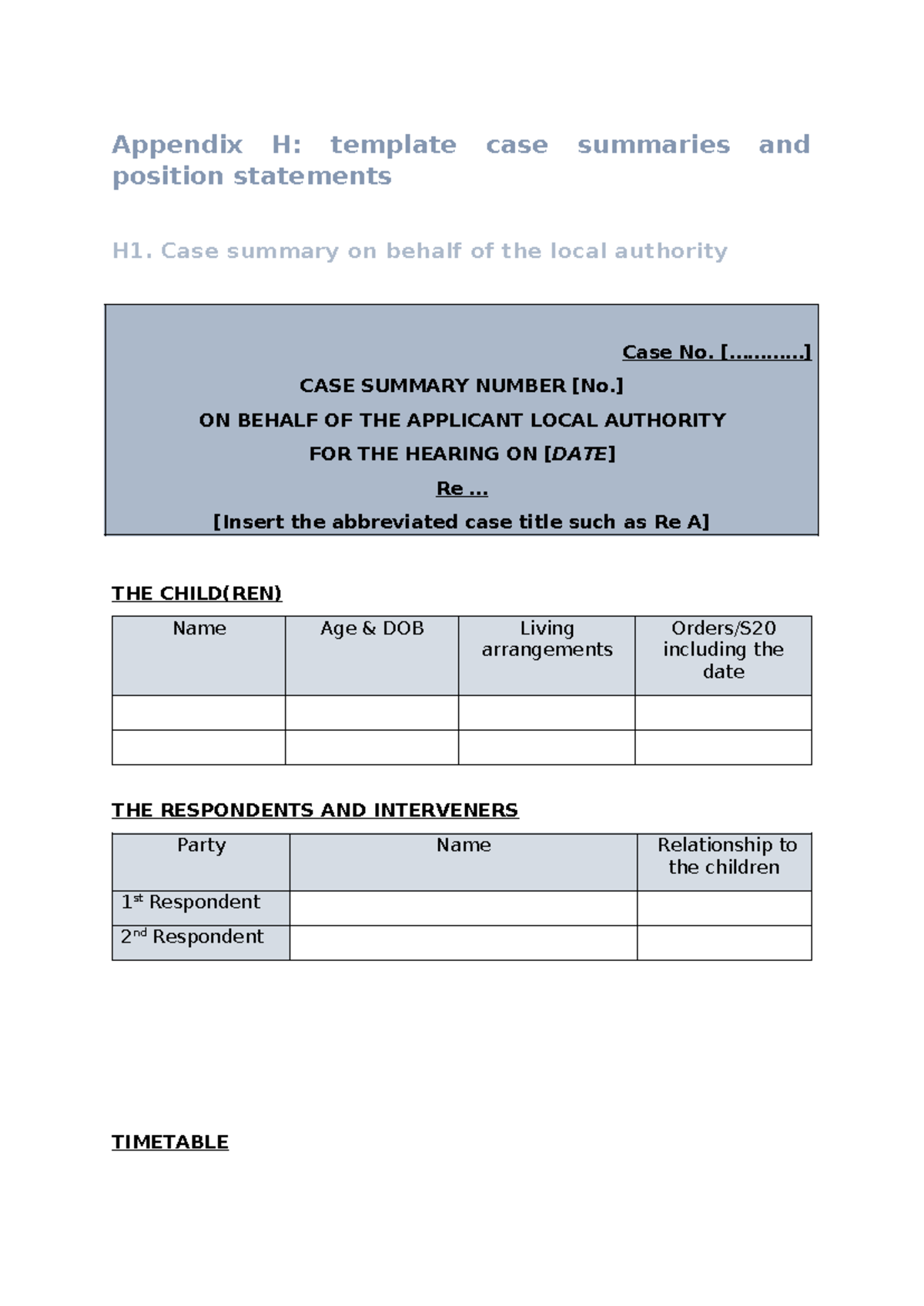 Case Summary Template for Local Authority (Case No. [....]) - Studocu