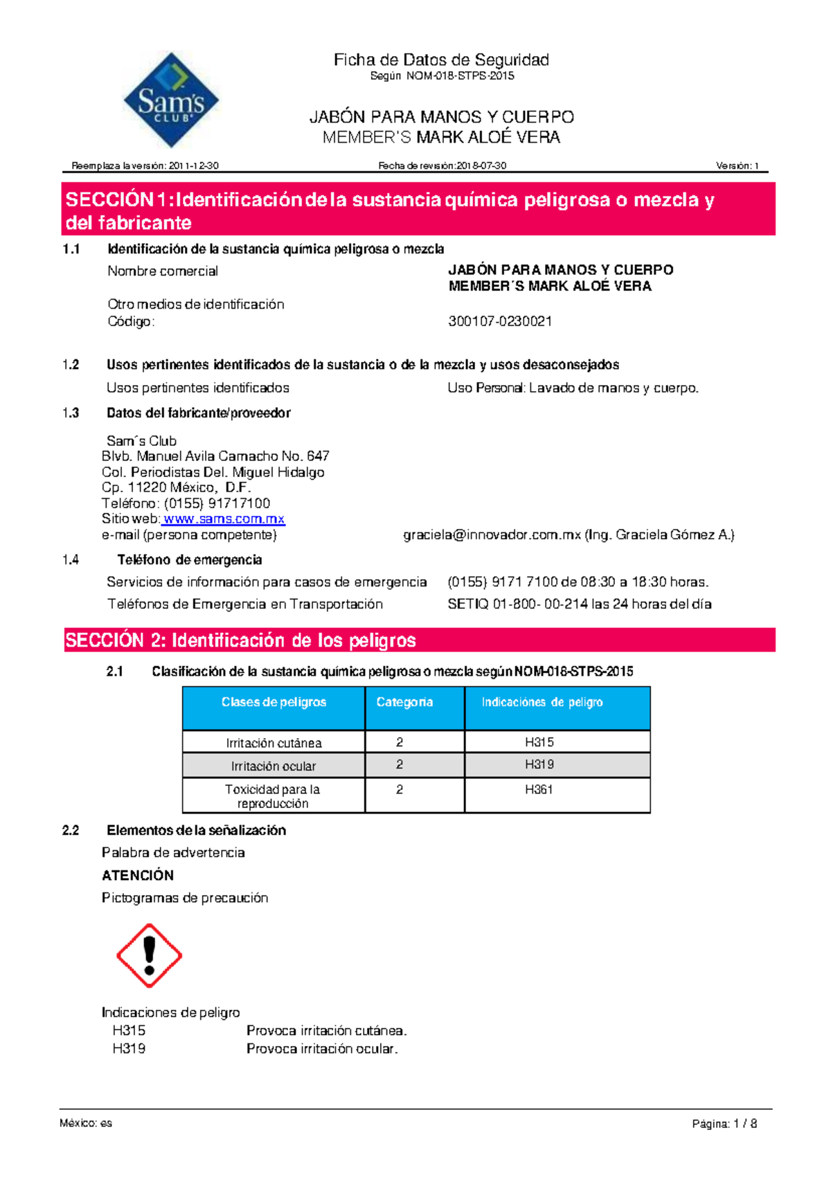 Hoja de Seguridad: Jabón para Manos y Cuerpo Mark Aloe Vera - Studocu