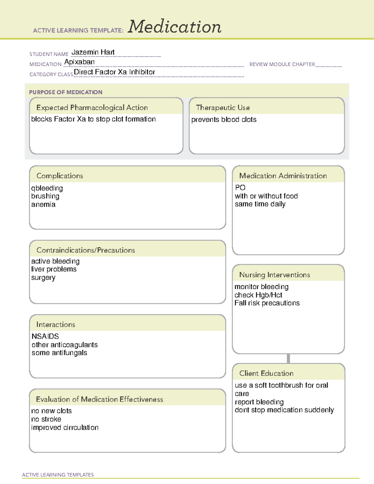 Apixaban - meds - ACTIVE LEARNING TEMPLATES Medication STUDENT NAME ...