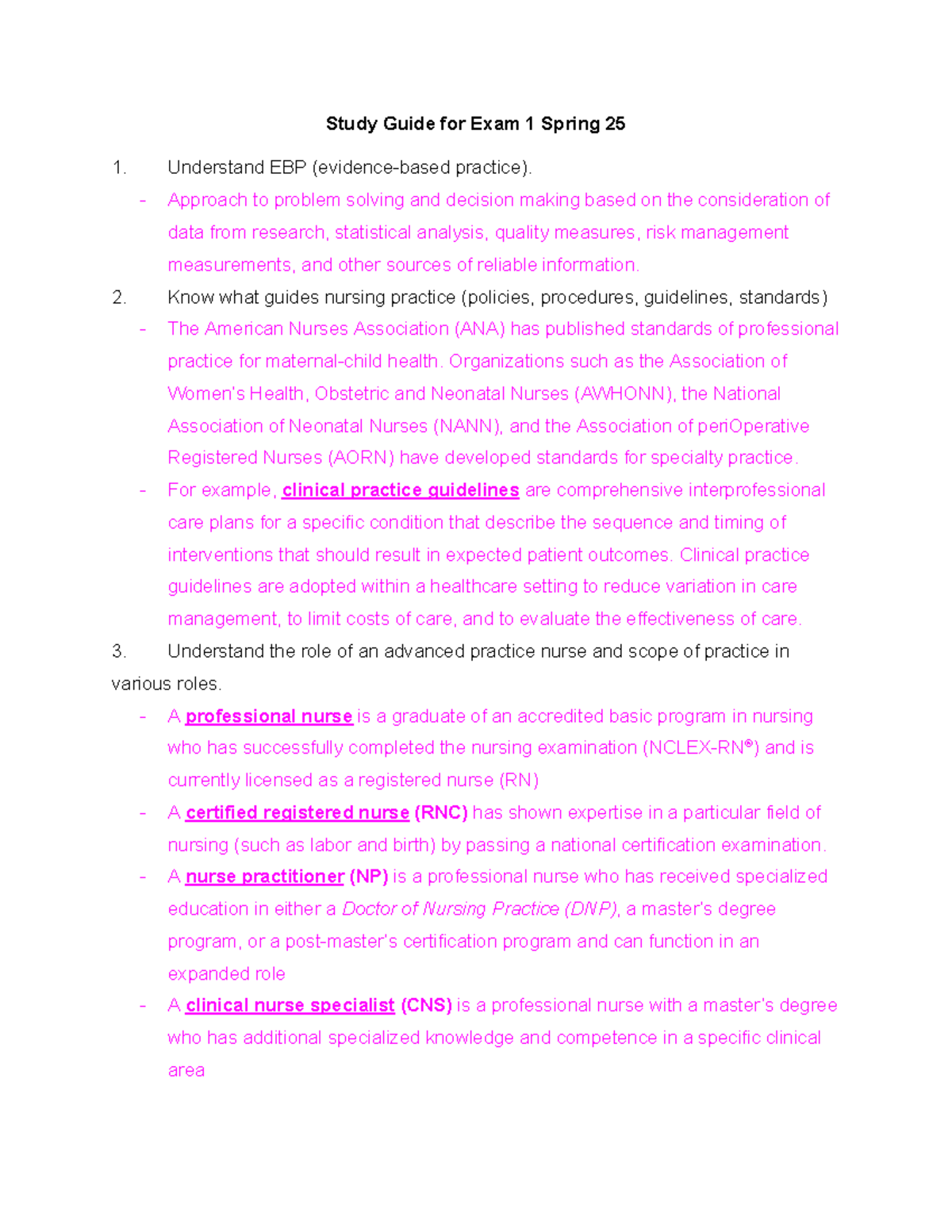 Maternity Exam 1 Study Guide: Key Concepts for Spring 25 - Studocu