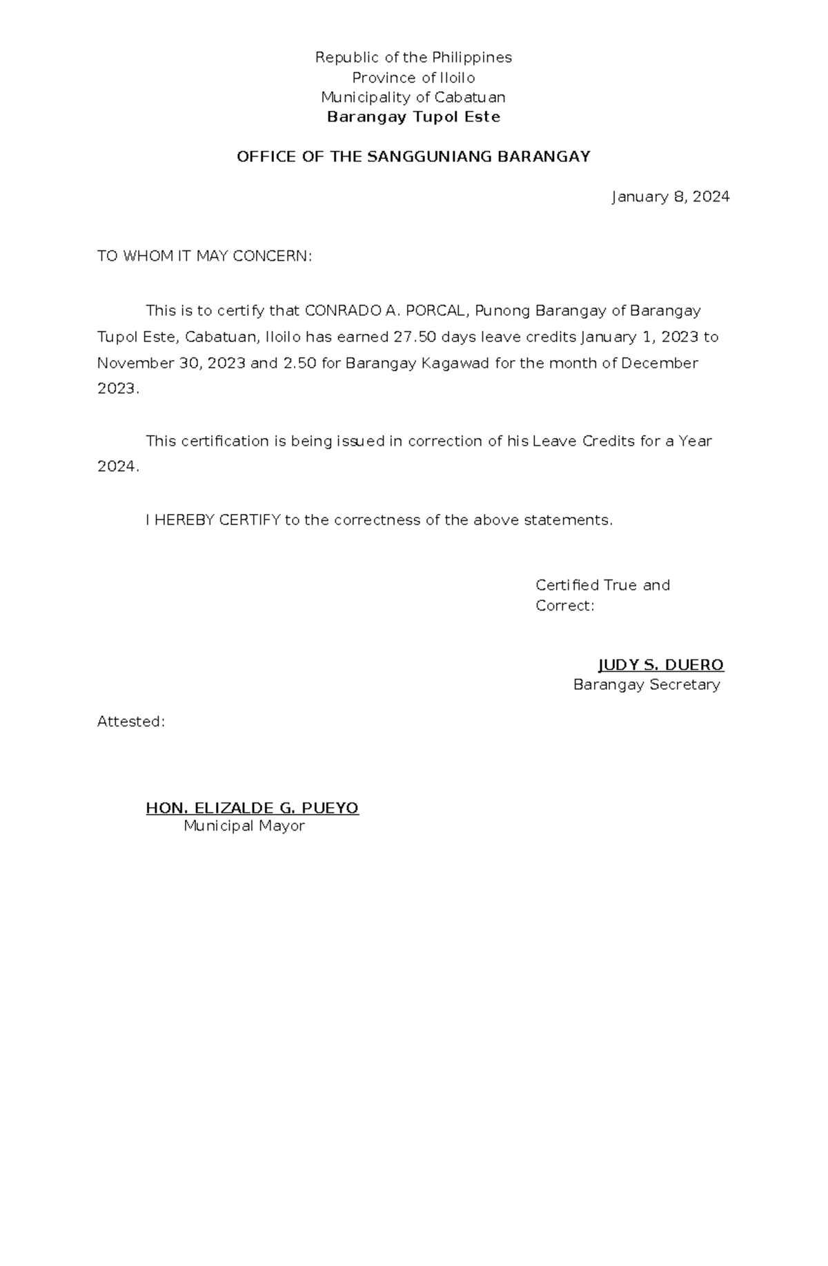 Certification of Leave Credits for Barangay Officials 2023-2024 - Studocu