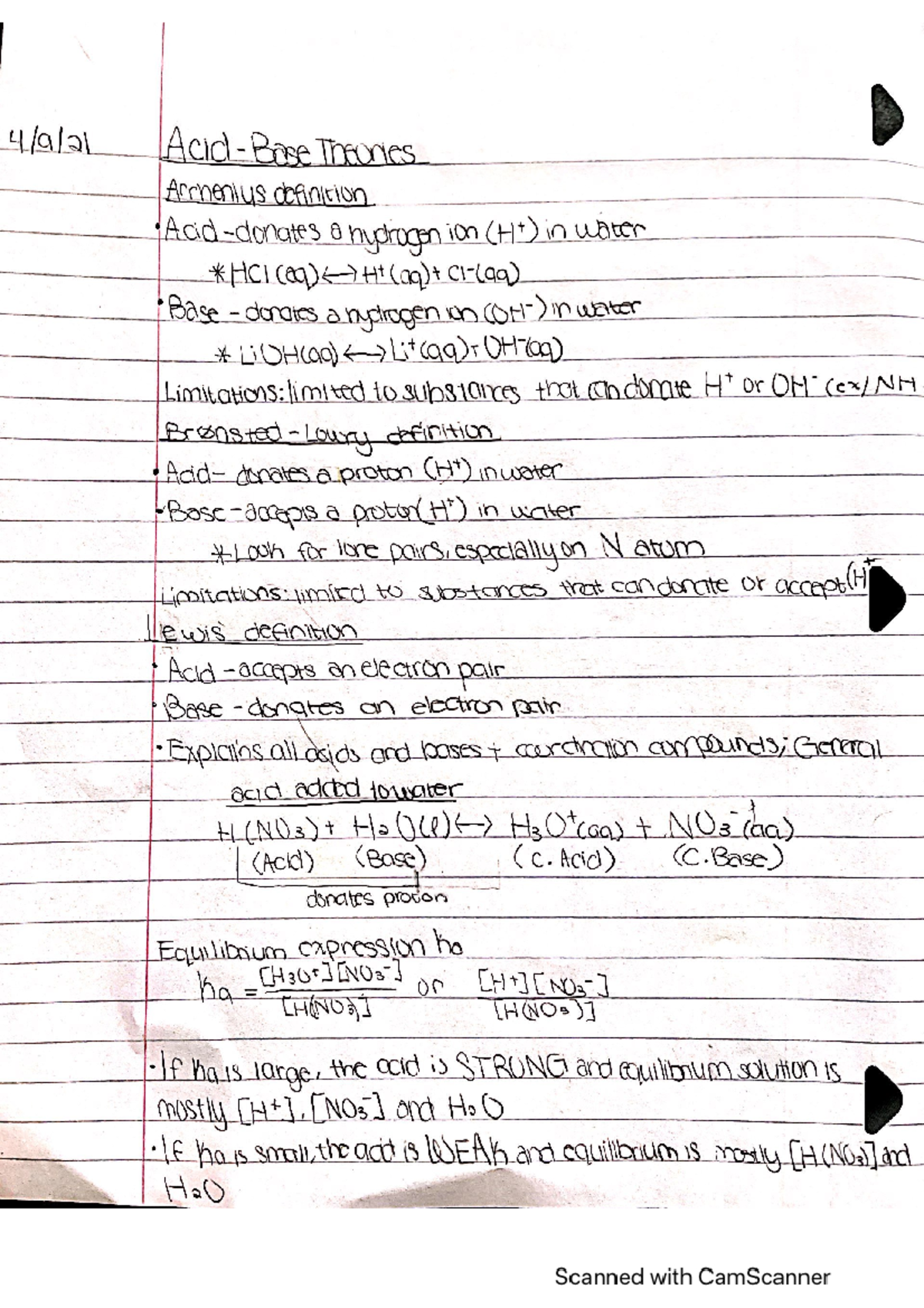 Acid Base Video Notes - Theories Arrhenlus definition Acid a hydrogen ...