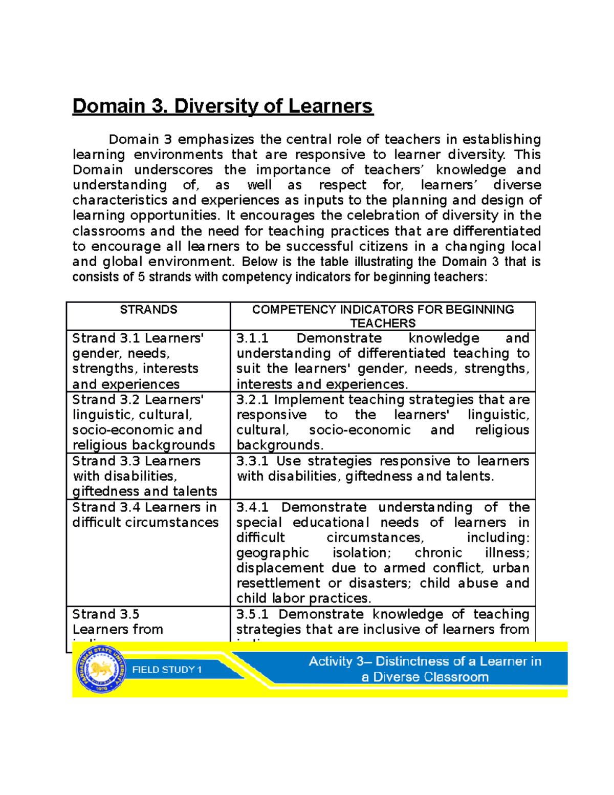 Domain-3 - DOMAIN 3 - Domain 3. Diversity of Learners Domain 3 emphasizes the central role of ...