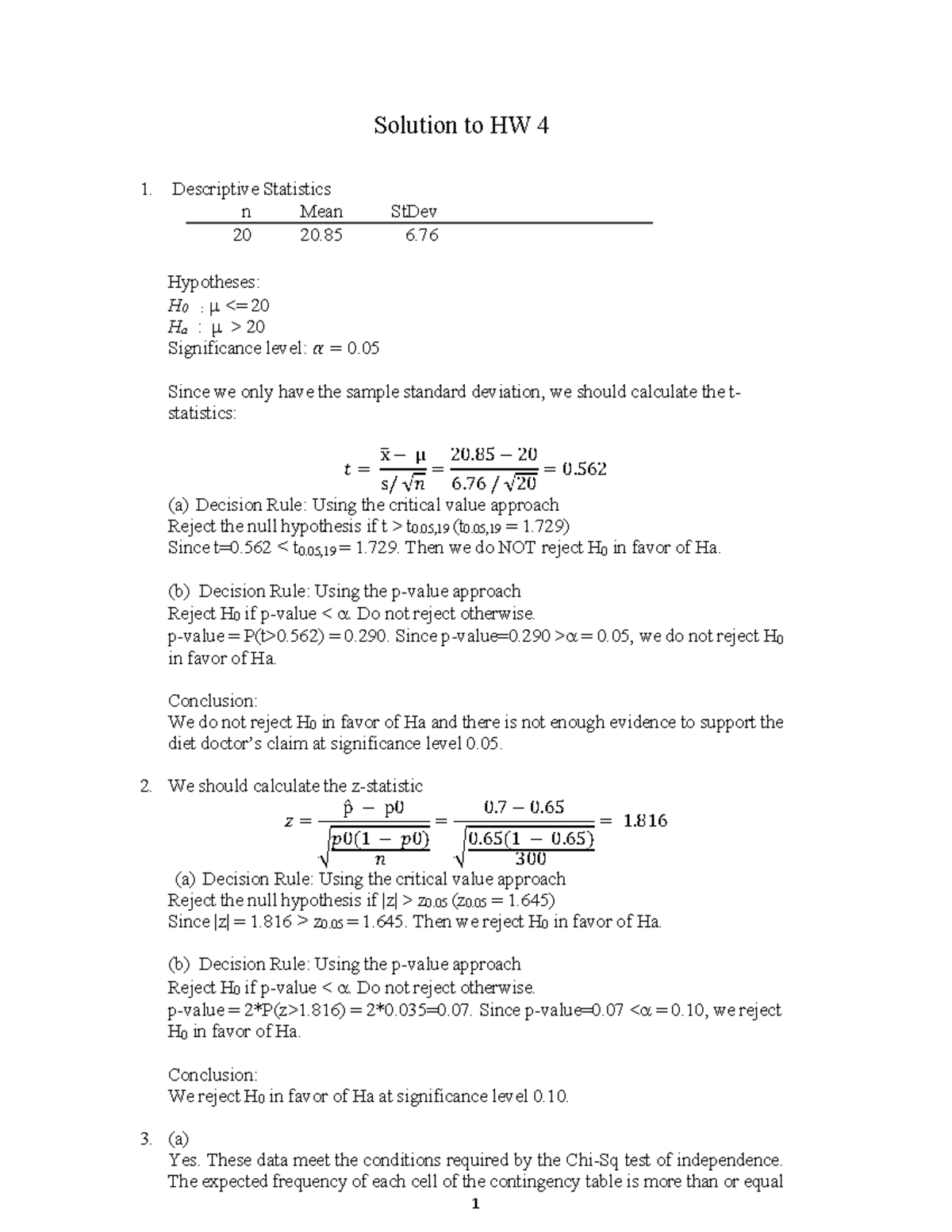 IIMT 1640 - Solutions for HW 4: Descriptive Statistics & Hypothesis ...