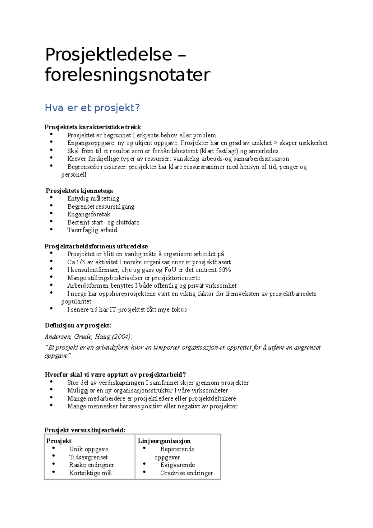 Prosjektledelse, forelesningsnotater vår - Prosjektledelse ...