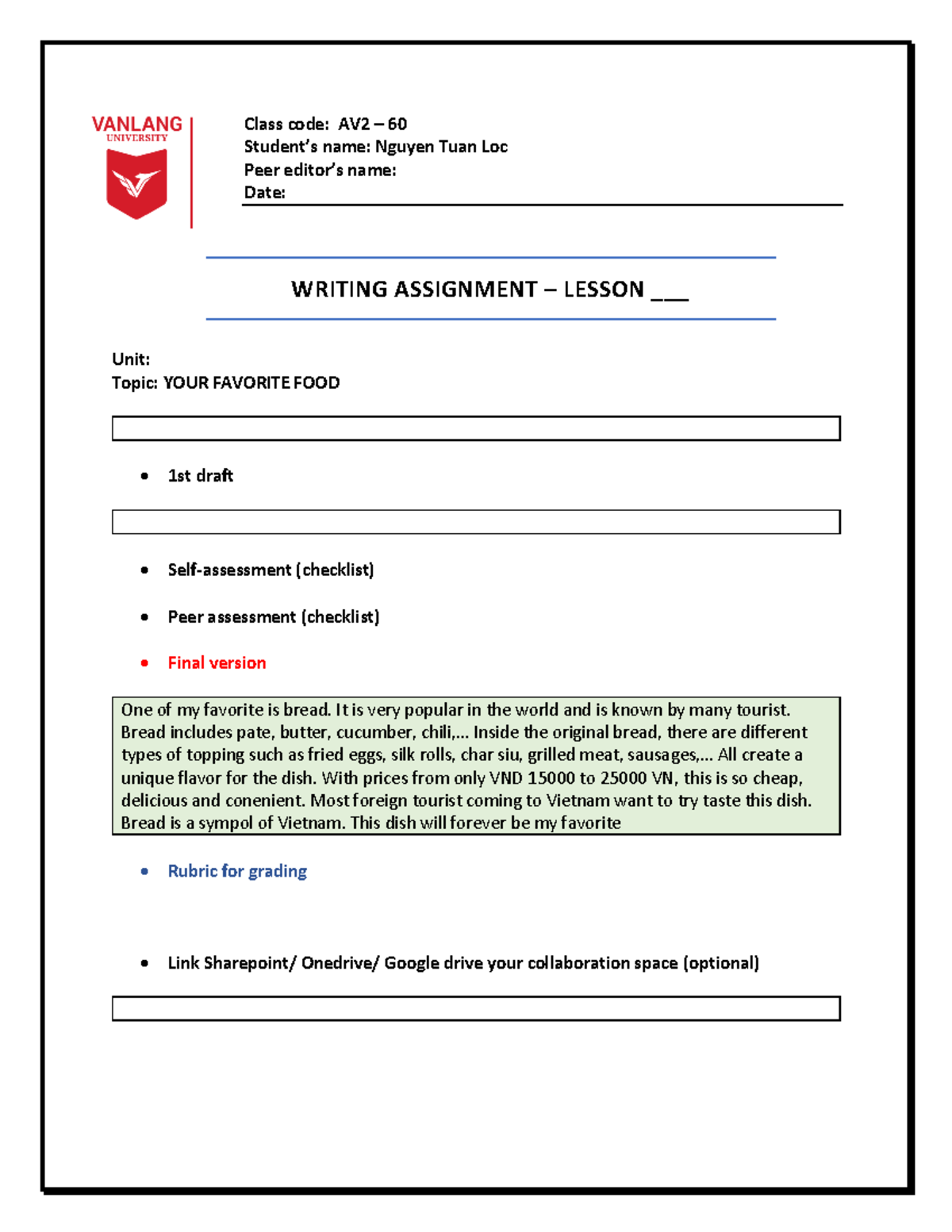 Template Writing assignment - Class code: AV2 – 60 Student’s name ...