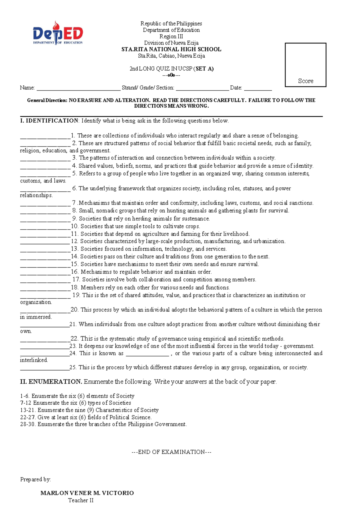 2ND LONG QUIZ IN UCSP (SET A) - Social Structures and Institutions ...