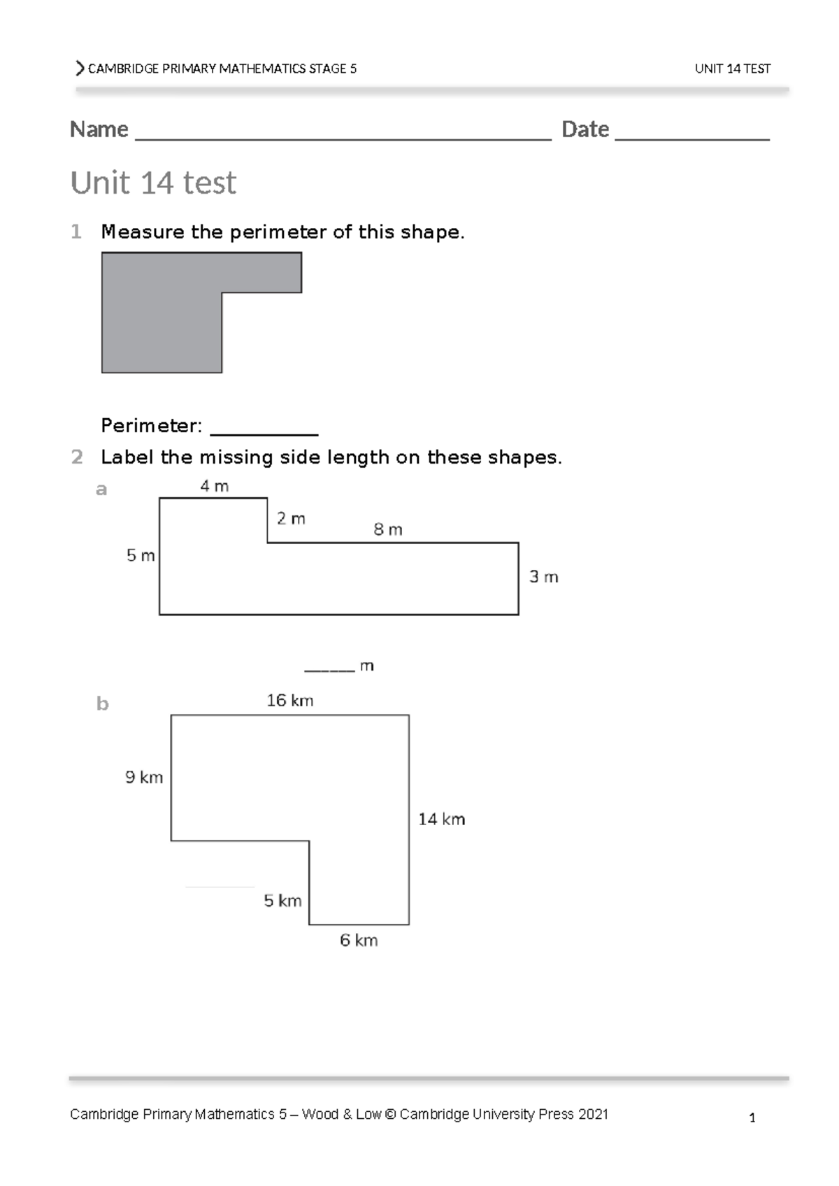 CAMBRIDGE PRIMARY MATHS 5 UNIT 14 TEST: PERIMETER & AREA EXERCISES ...