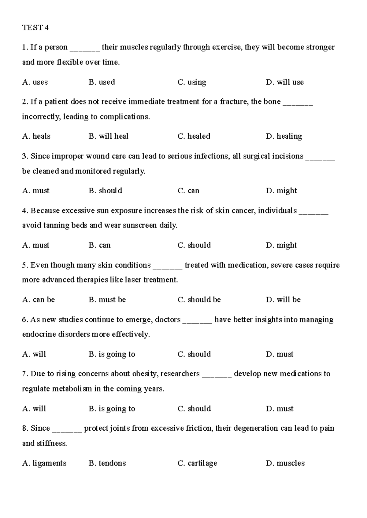 TEST 4 - 1234: Medical Terminology and Sentence Rewriting Exercises ...