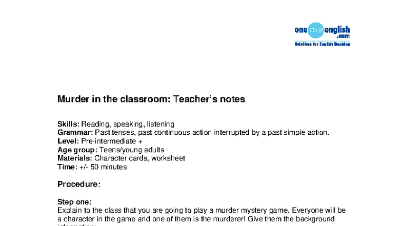 Murder Mystery Game: Engaging Adult ESL Activity (ESL 101) - Studocu