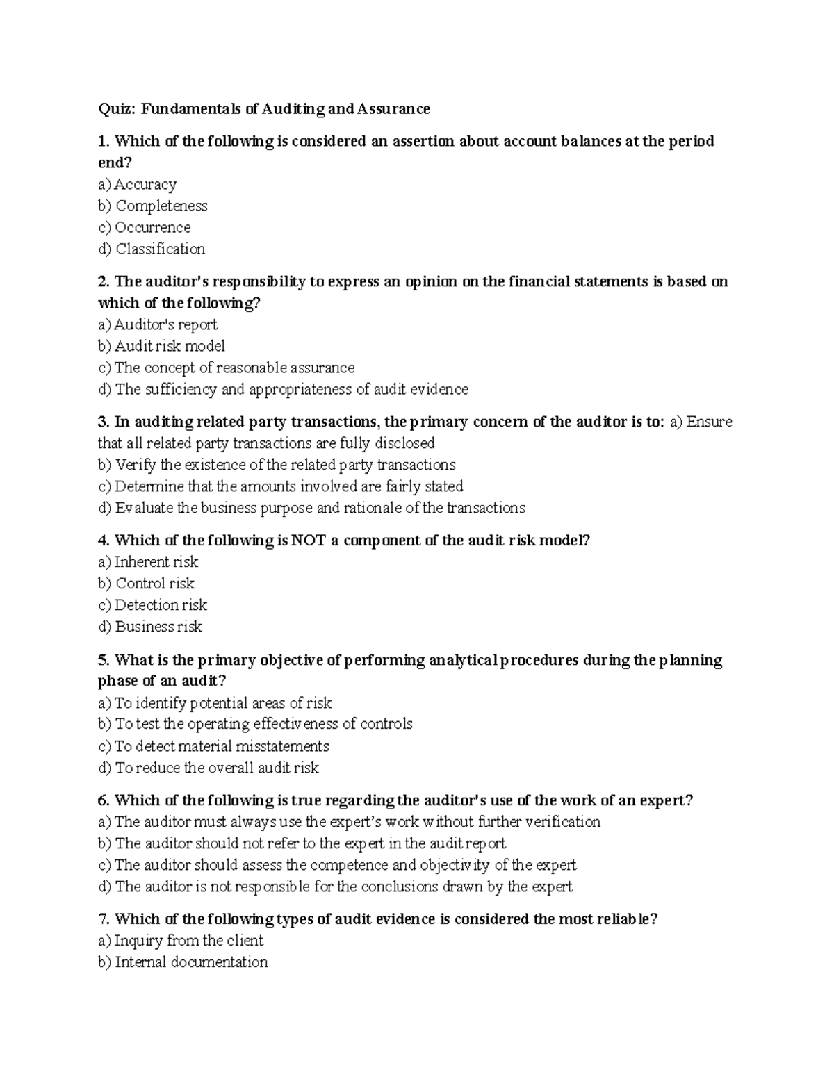 Audit Principles Quiz: Key Concepts in Auditing & Assurance - Studocu