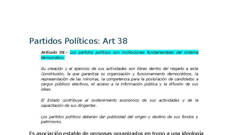 Partidos Políticos y su Regulación: Artículo 38 de la CN - Studocu
