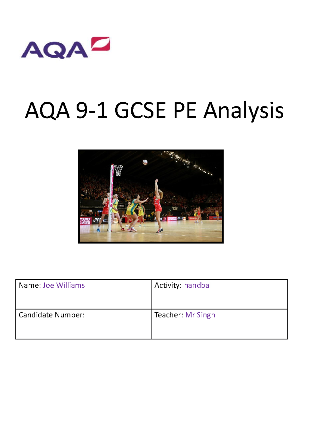 GCSE PE AQA Handball Coursework Analysis & Action Plan 2021-2022 - Studocu