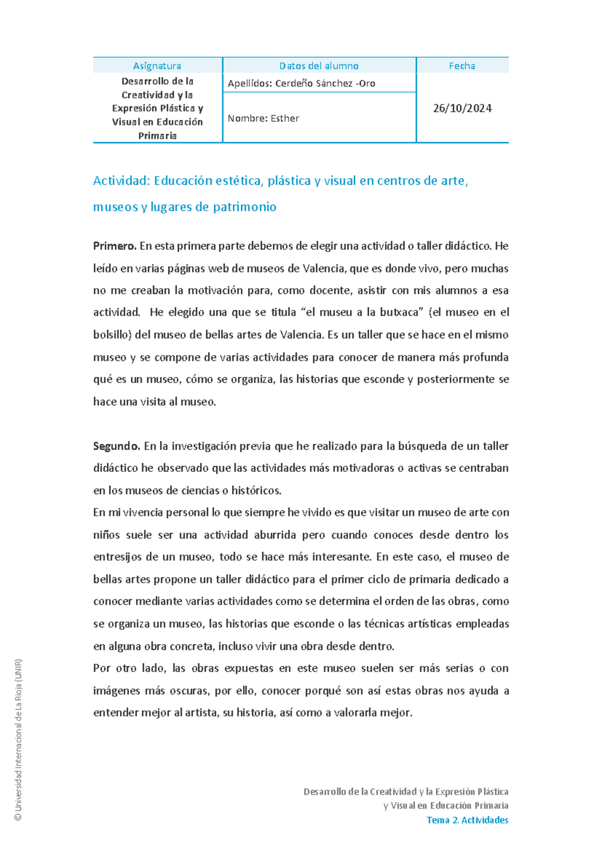 Taller Didáctico en Museos: Actividades para Primaria (UNIR) - Studocu