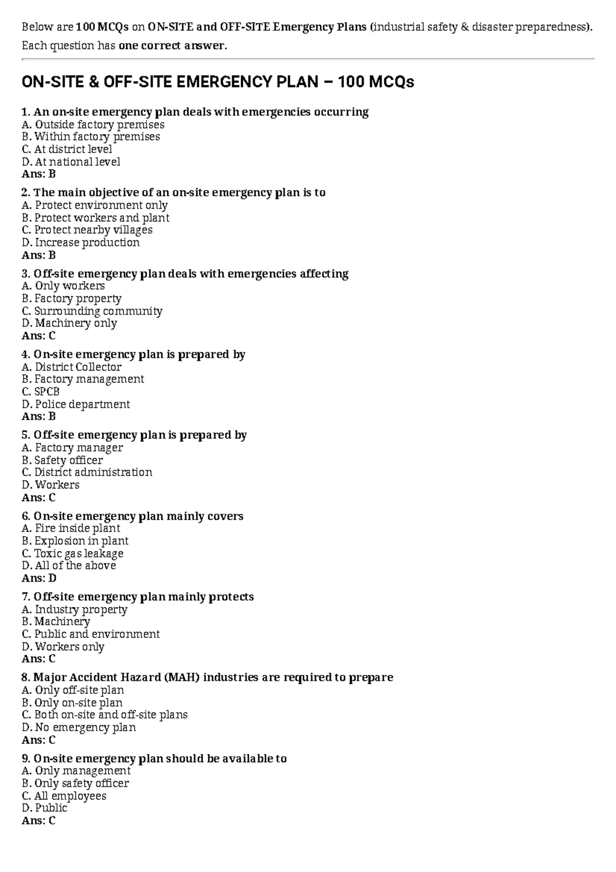 Emergency Plans: 100 MCQs for Industrial Safety (EMR 101) - Studocu