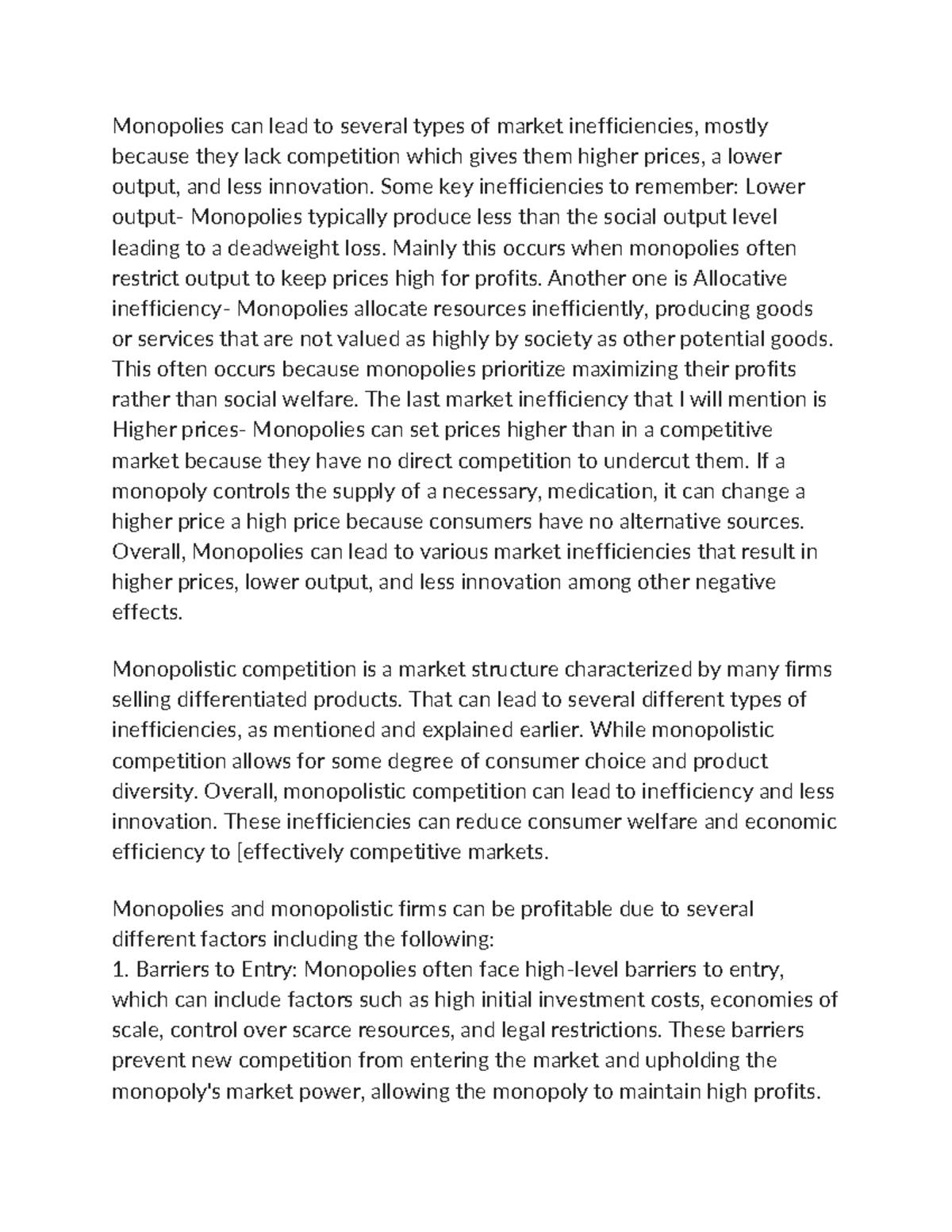 Microeconomics 6-2 simulation discussion - Monopolies can lead to ...