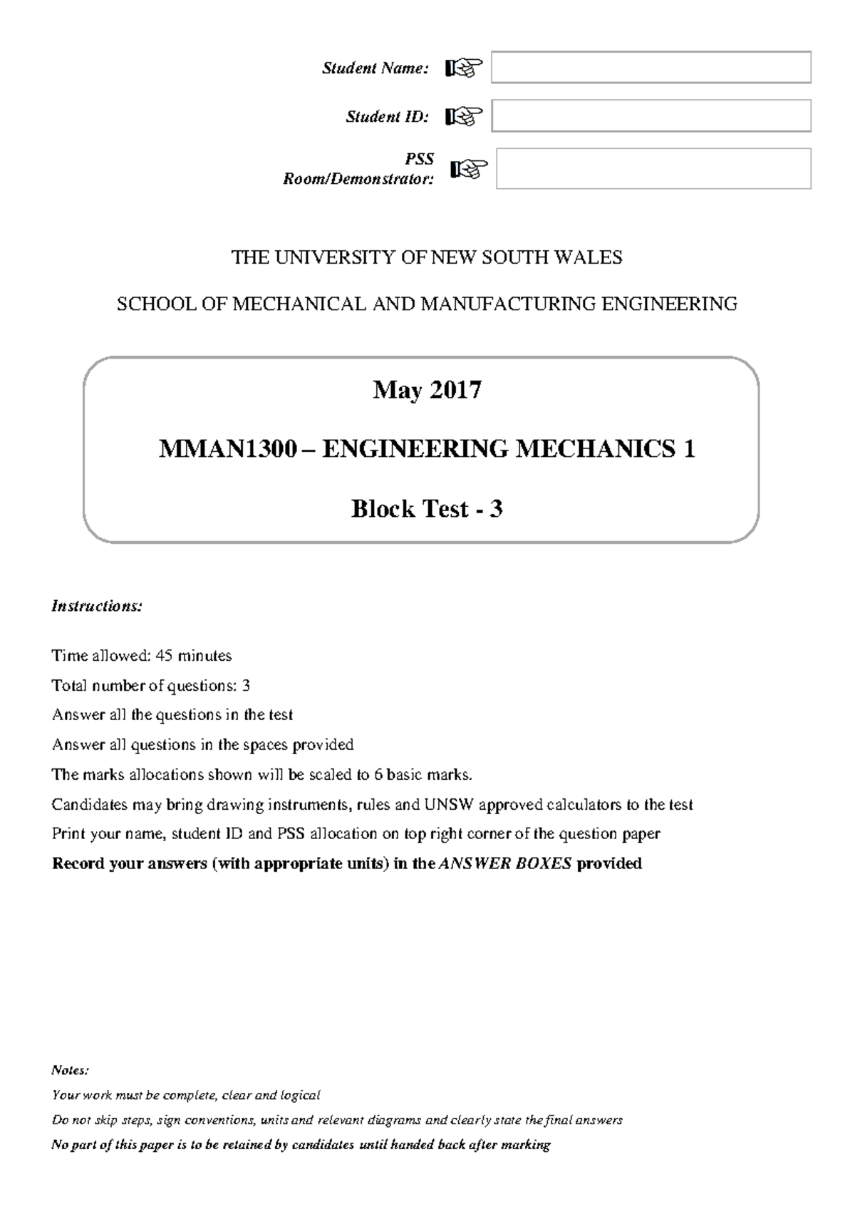 BT 3 MMAN1300 - Engineering Mechanics 1 Block Test Solutions - Studocu