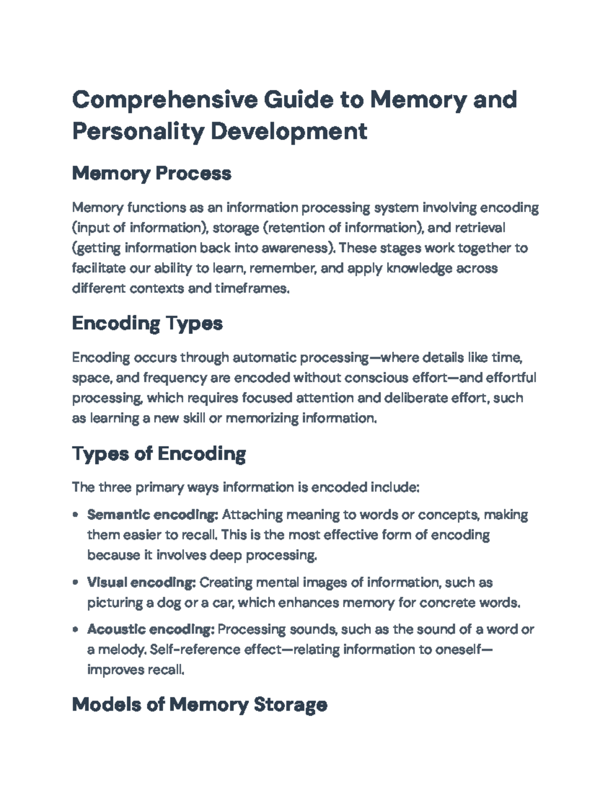 Comprehensive Guide to Memory and Personality Development (PSY101 ...