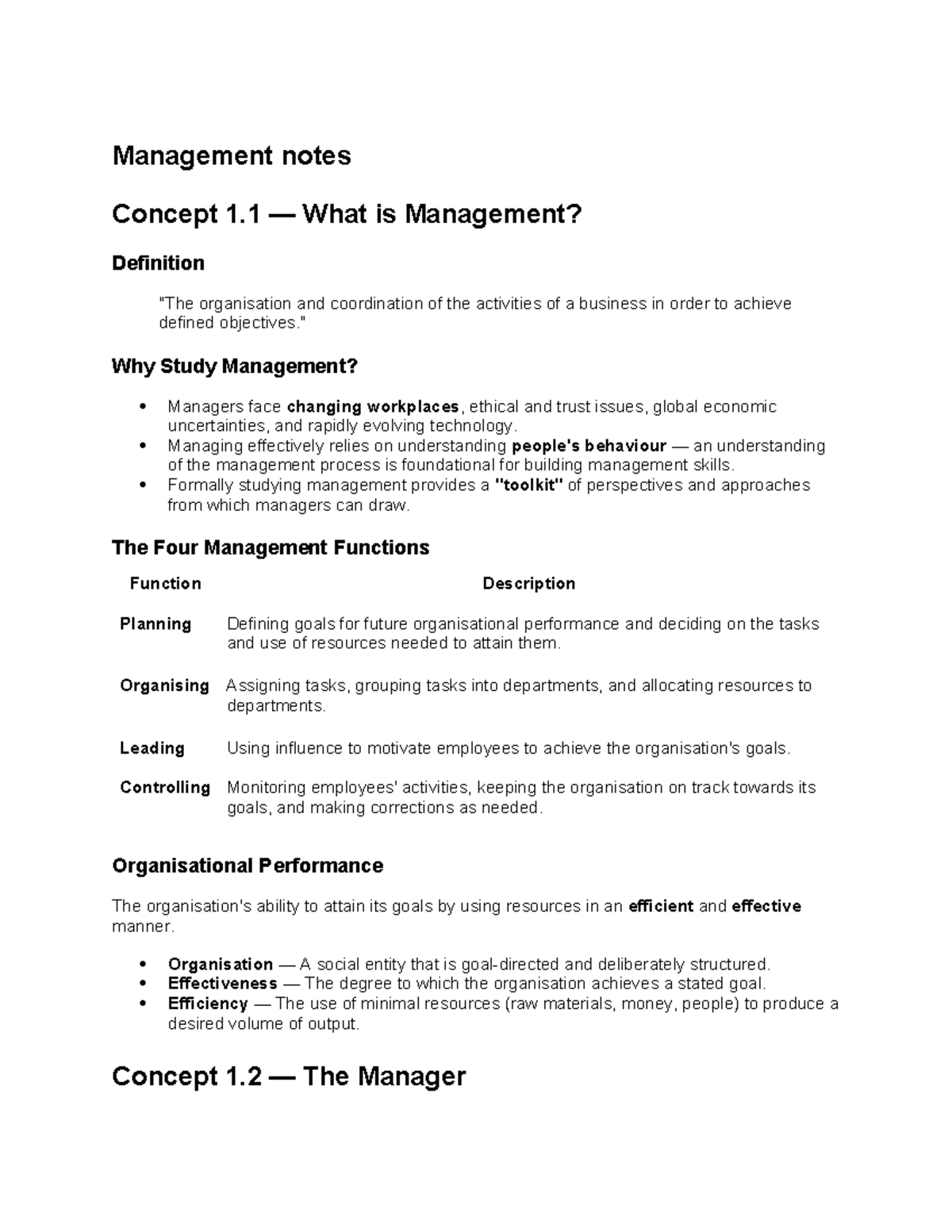Management Notes: Concept 1 - Understanding Management Functions and ...