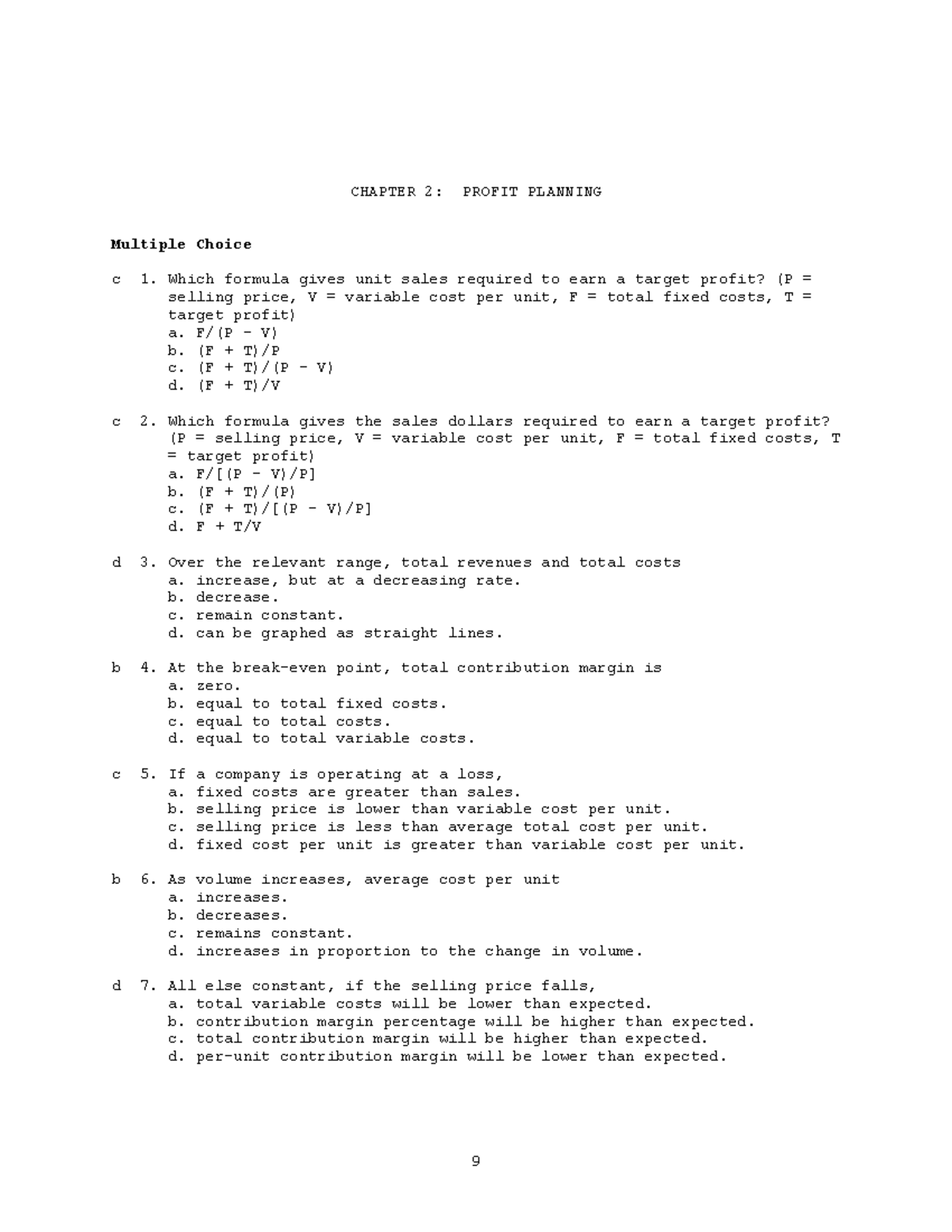 CHAPTER 2: PROFIT PLANNING MCQs and Practice Materials - Studocu