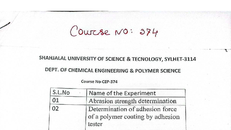 Title: Lab Report: Polymer Science Experiments (Course NO: 374) - Studocu