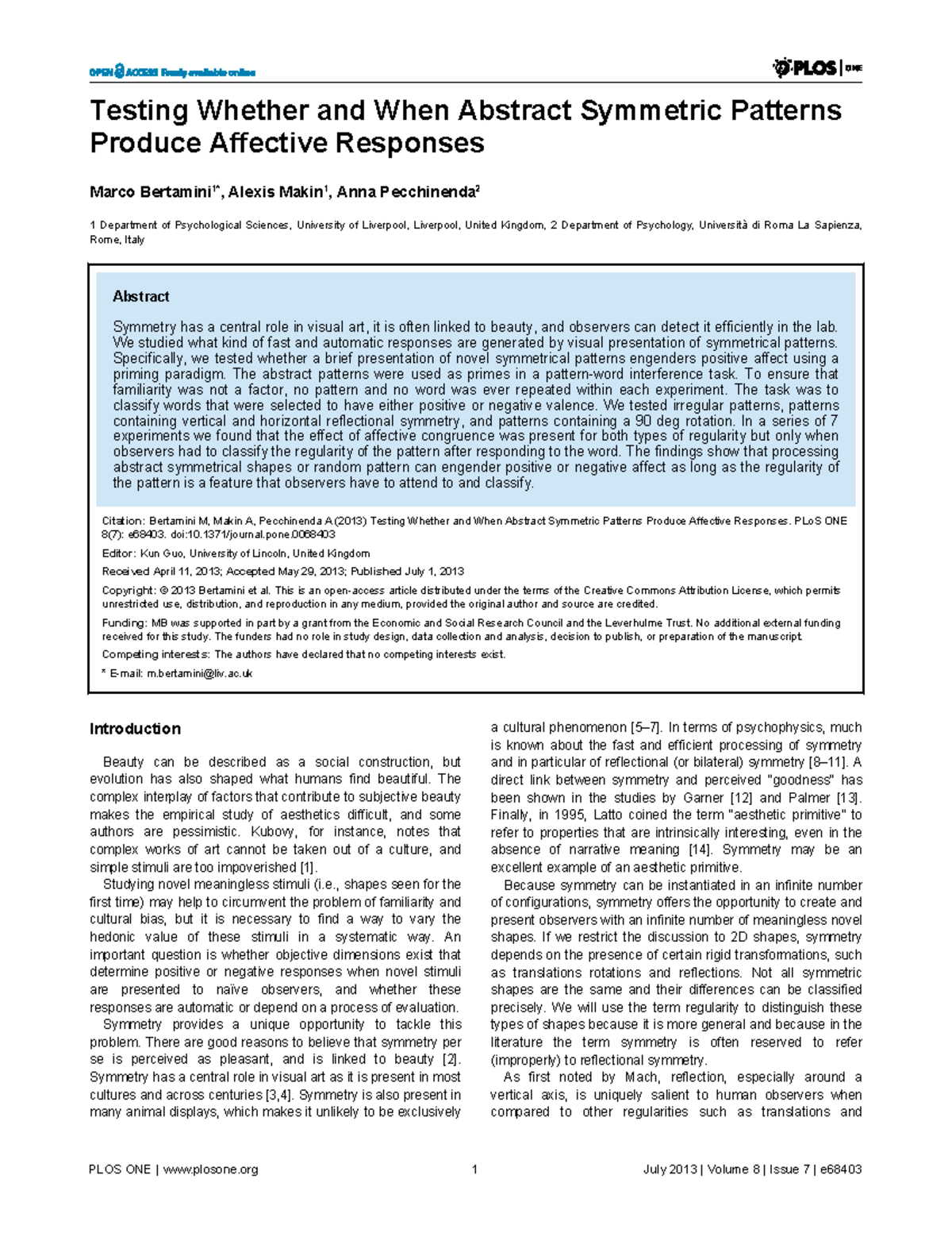 Bertamini 2013 - Affective Responses to Abstract Symmetric Patterns - Studocu