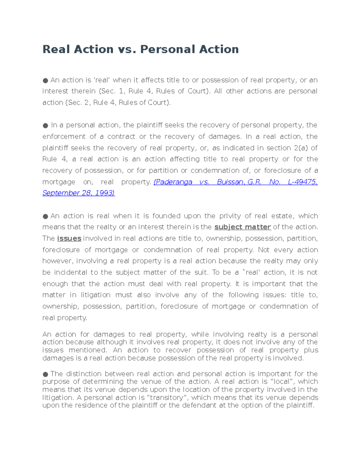 Remlaw Lecture Notes on Real vs. Personal Actions and Annulment - Studocu
