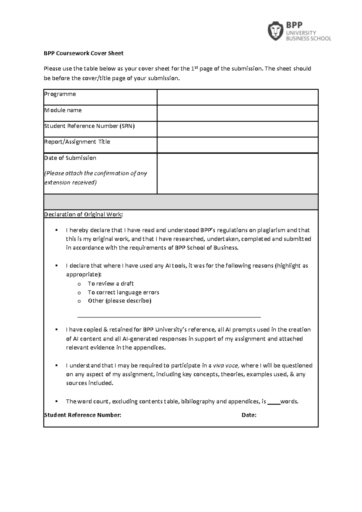 BPP Formative Assessment Coursework Cover Sheet - Extended Masters ...