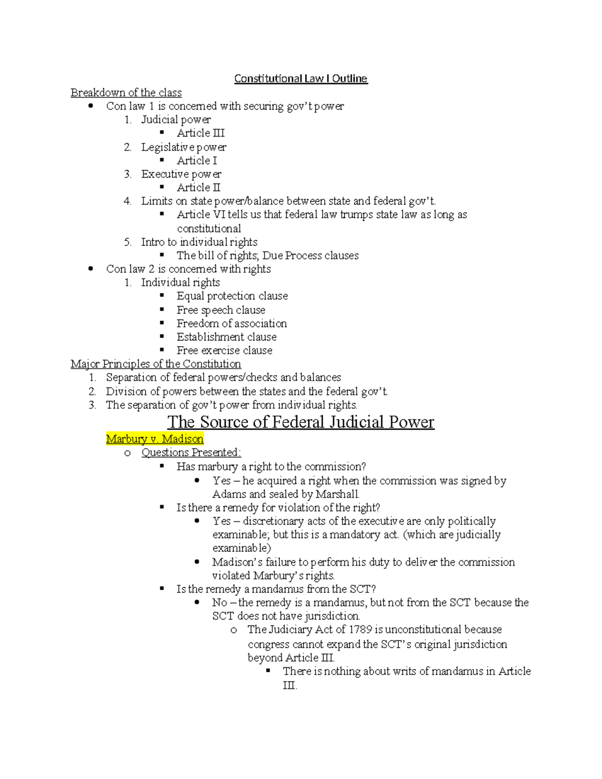Constitutional Law I Outline - Constitutional Law I Outline Breakdown ...