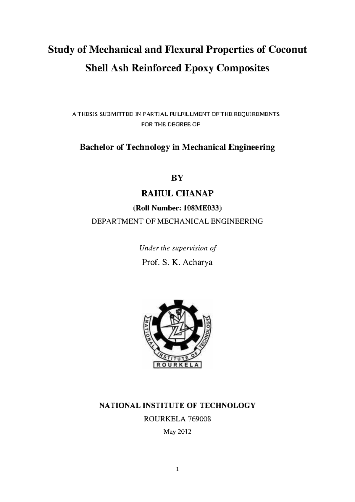 Rahulc 108me033 2 - thesis about coconut shell - Study of Mechanical ...