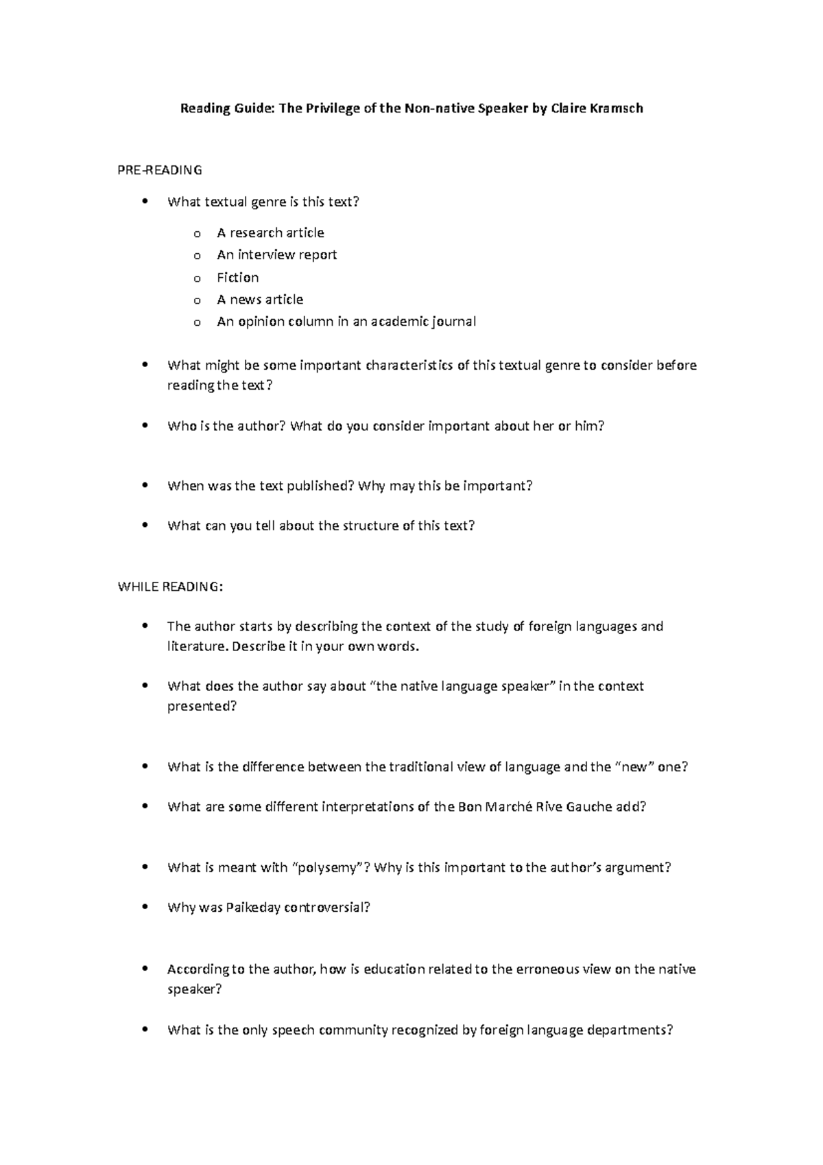 Kramsch Reading Guide - Reading Guide: The Privilege of the Non-native ...