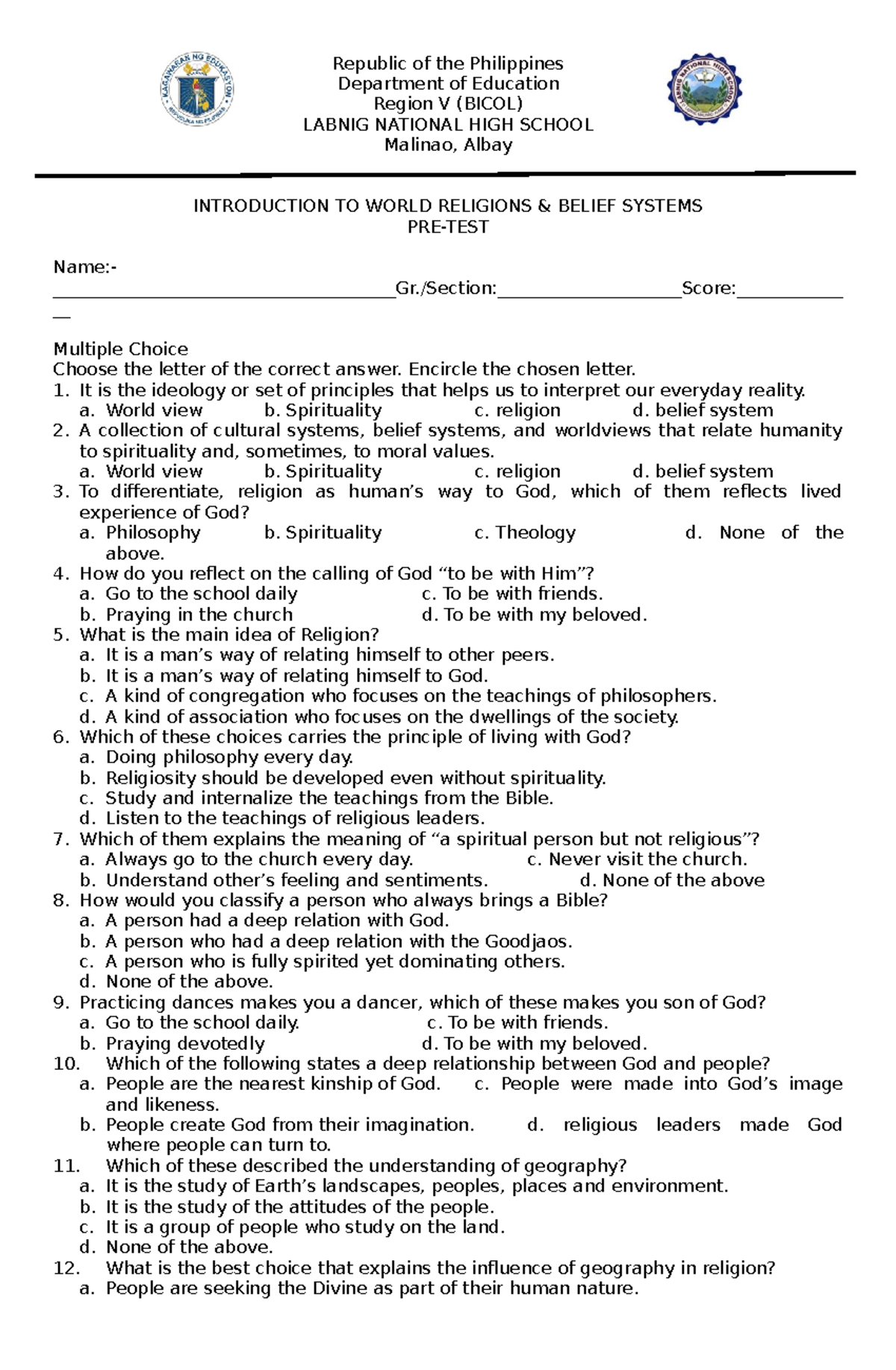 Introduction to World Religions Pre-Test (Grade Level Assessment) - Studocu