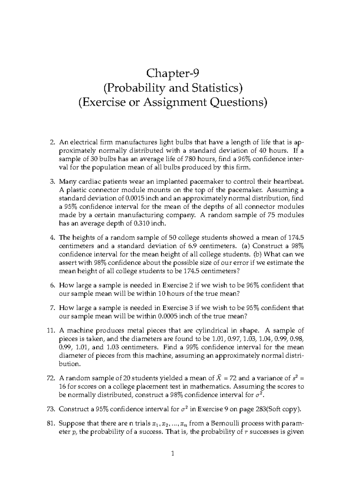Chapter 9 Probability (Exercises) - Confidence Intervals & Samples ...