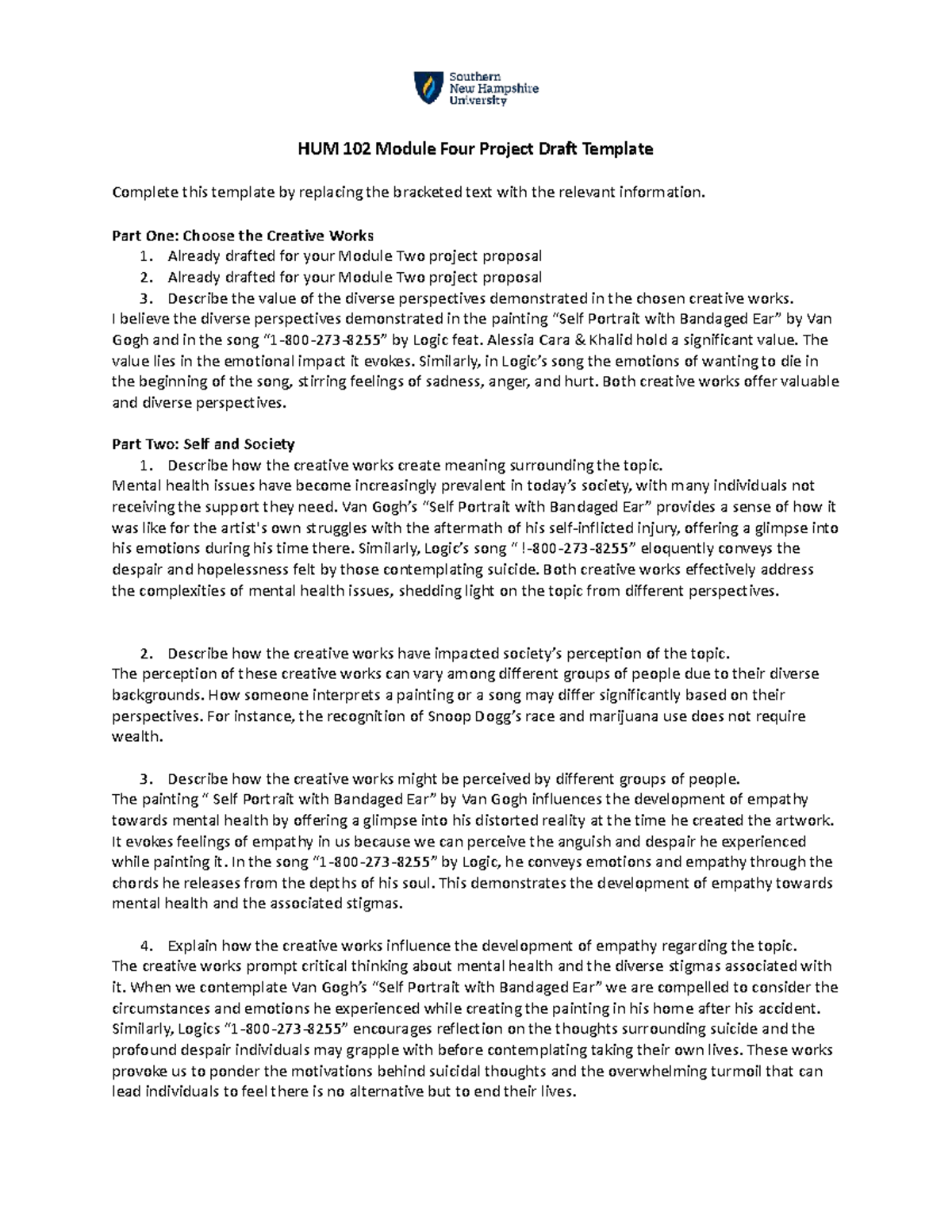 HUM 102 Module Four Project Outline on Creative Works and Mental Health ...